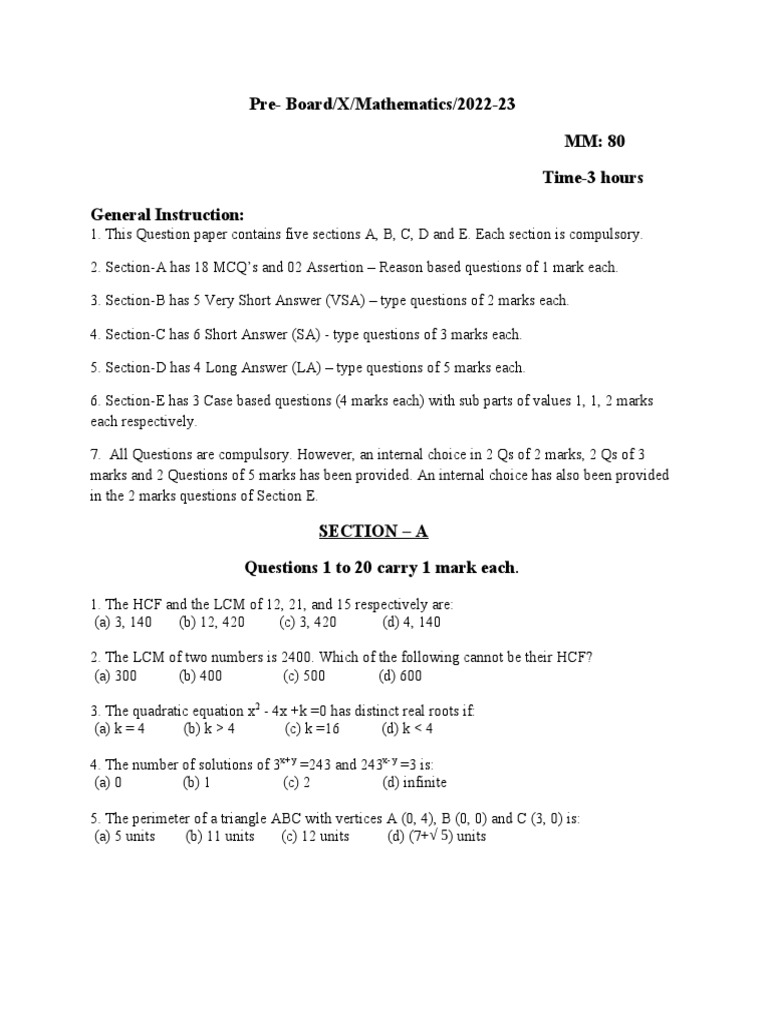 Class - 10 Maths Pre-Board Paper | PDF | Circle | Sphere