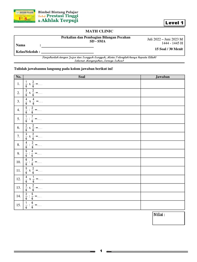 Math Clinic (Perkalian Dan Pembagian Bilangan Pecahan) | PDF