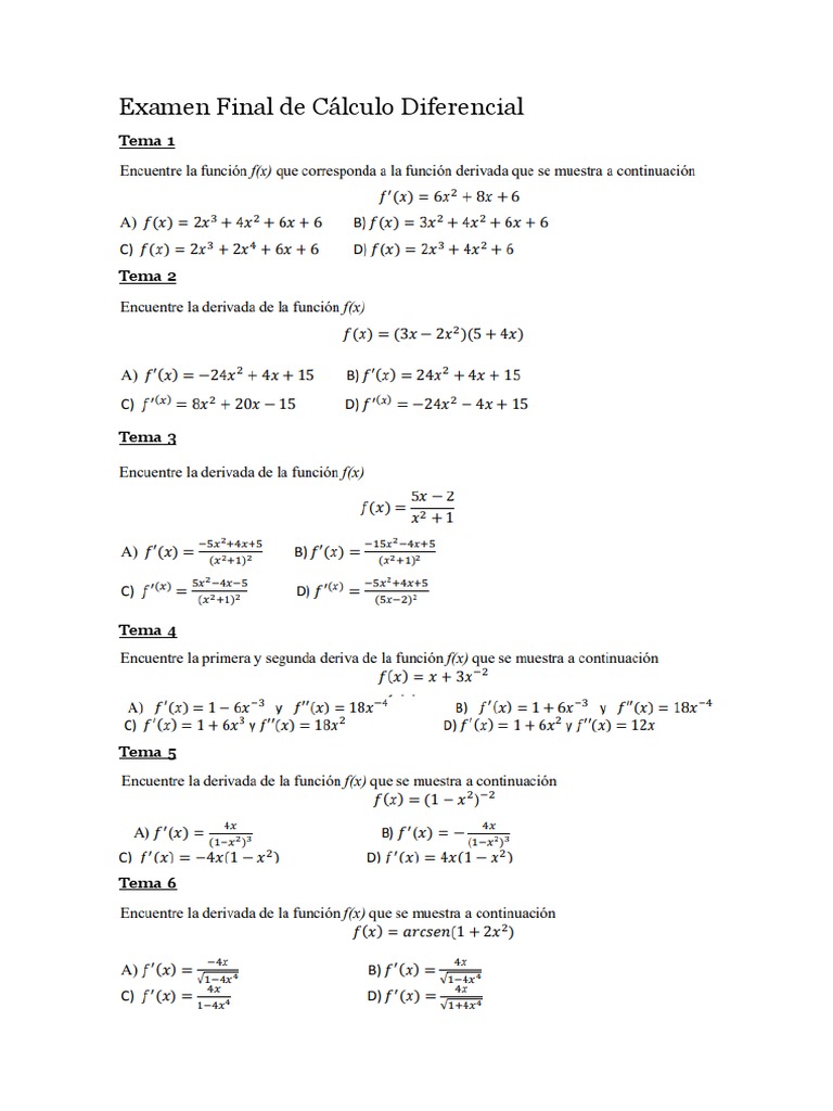 Examen Final de Cálculo Diferencial | PDF Examen Final de Cálculo Diferencial | PDF