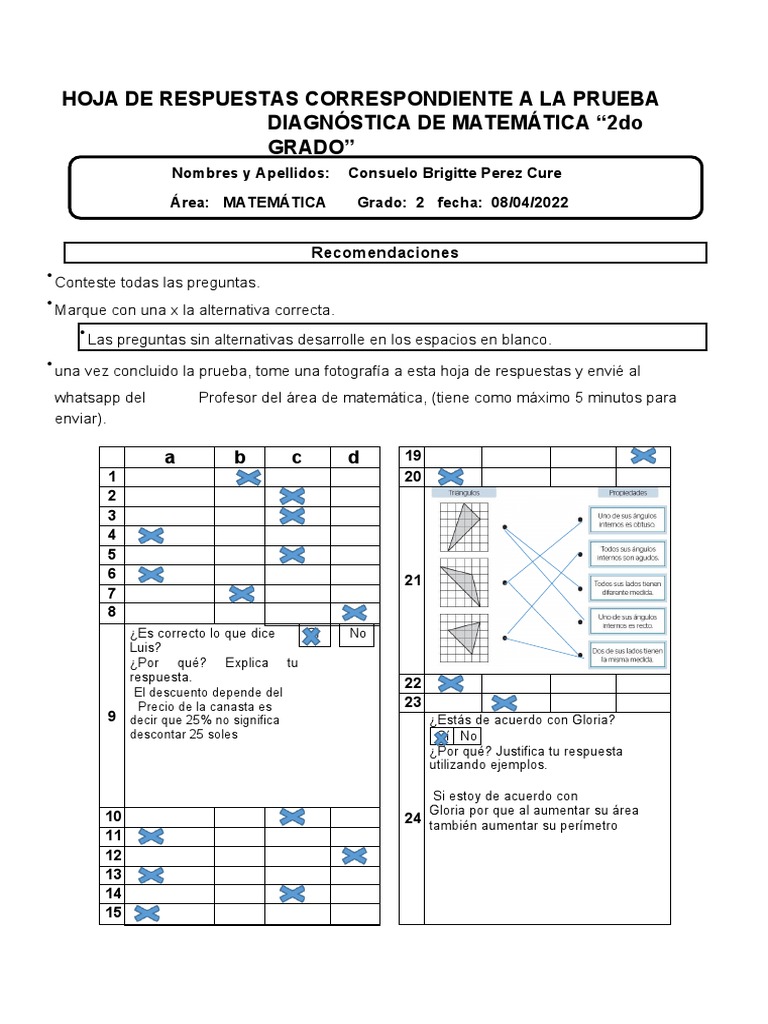 Hoja de Respuestas Prueba Matemática 2° Grado | PDF