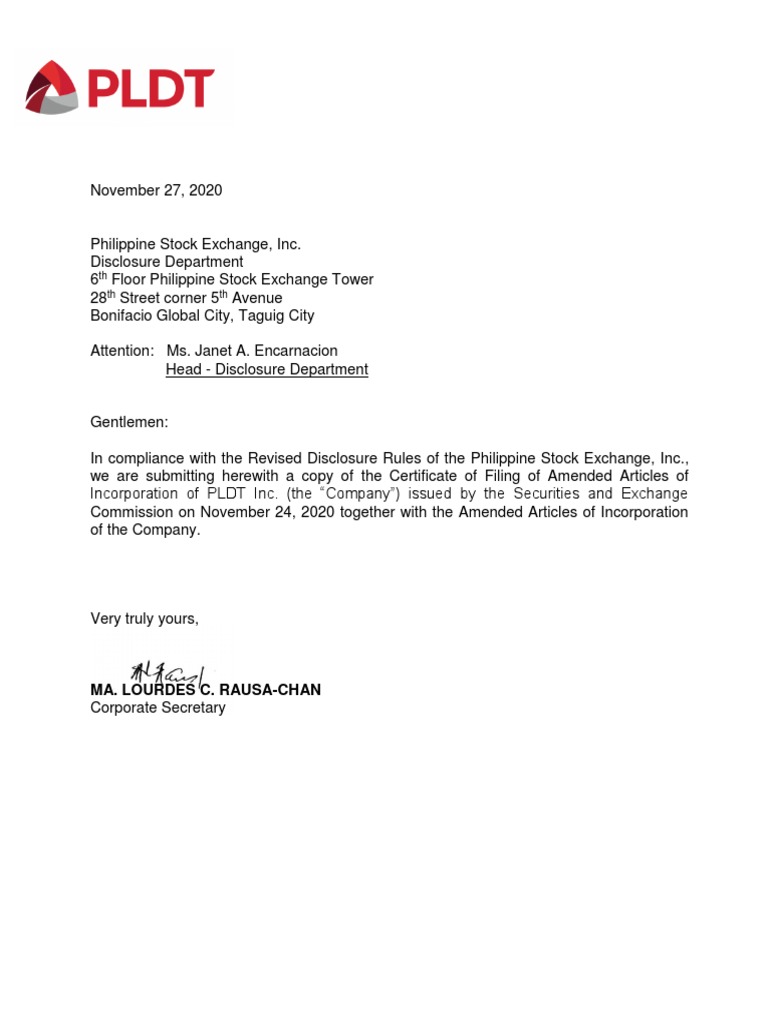 PLDT Amended Articles of Incorporation | PDF | Securities (Finance) | U ...