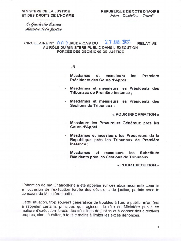 Circulaire Execution Forcee Des Decisions de Justice | PDF