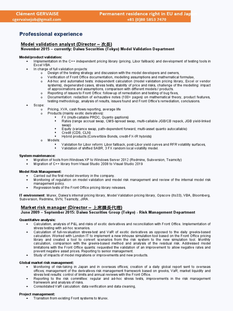 Clement Gervaise's Resume | PDF | Stress Test (Financial) | Risk