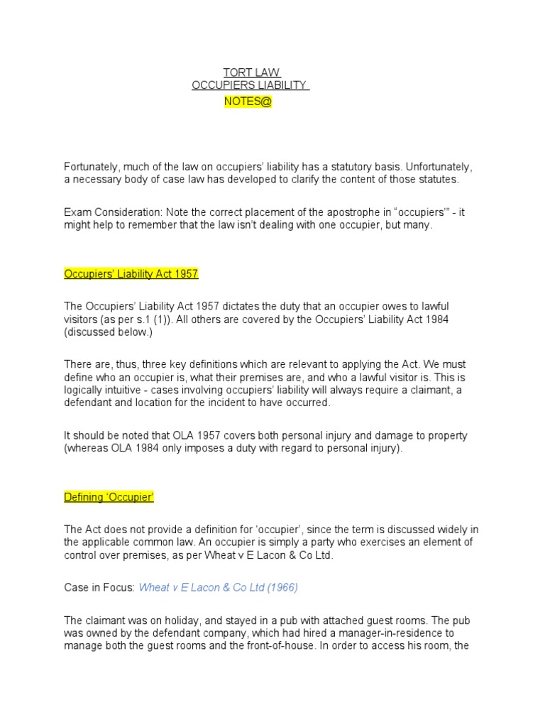 Occupiers Liability Notes | PDF | Legal Liability | Duty Of Care