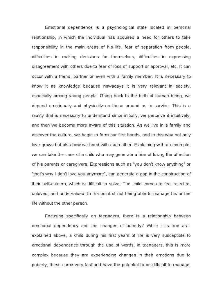 Emotional Dependence in Teenagers Essay1 | PDF | Adolescence | Self Esteem