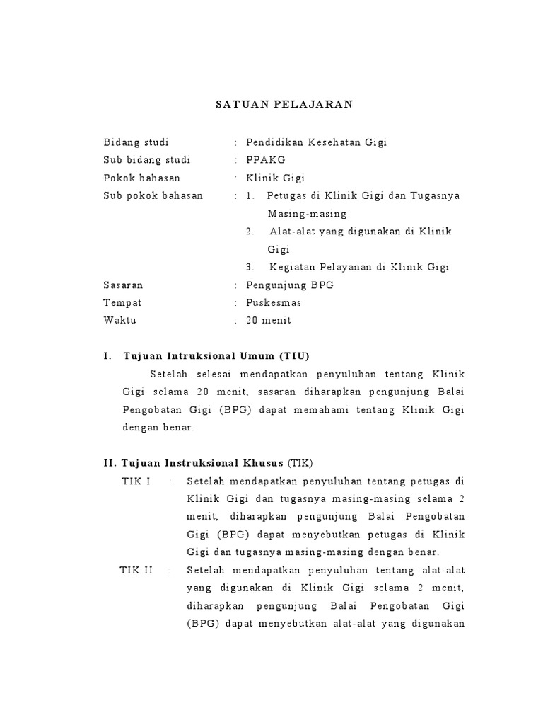 SATUAN PELAJARAN Klinik Gigi (BPG) | PDF