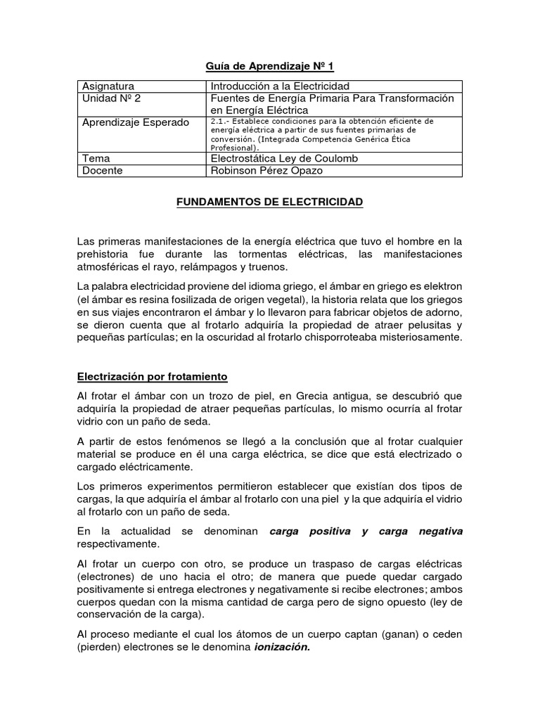 Guía de Aprendizaje #1 Electr | PDF | Carga eléctrica | Electrón