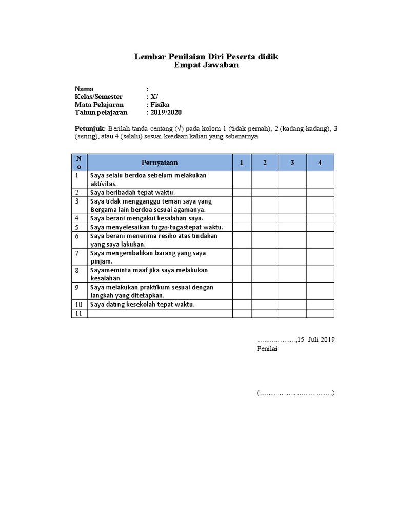 Lembar Penilaian Diri Peserta Didik Dengan Empat Jawaban | PDF