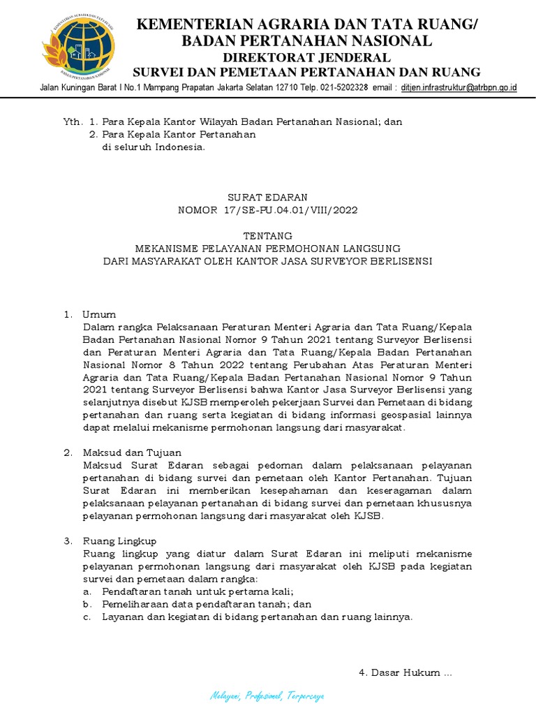Surat Edaran Mekanisme Pelayanan Langsung Pengukuran Kadaster Oleh KJSB ...