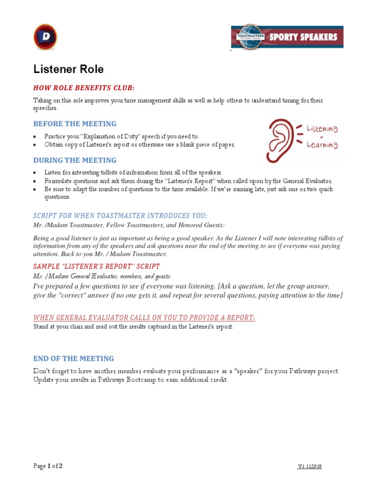 Listener Role in Toastmasters Meetings | PDF | Cognition | Human ...