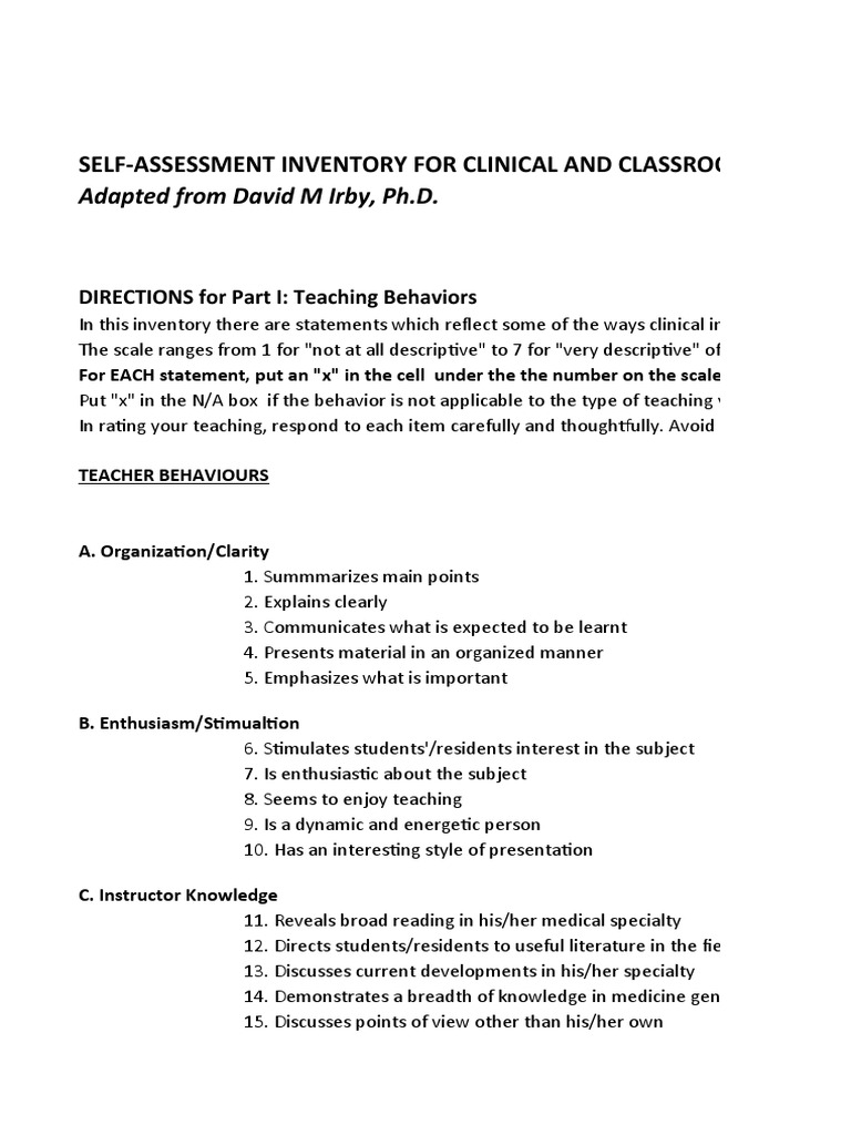 Irby Self-Assessment Teaching Scale | PDF | Teachers | Teaching Method