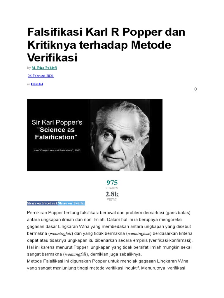 Falsifikasi Karl R Popper Dan Kritiknya Terhadap Metode Verifikasi | PDF