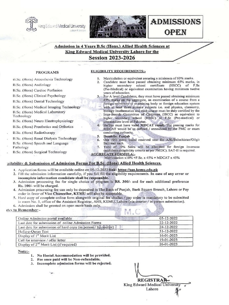 Admission Notice For BScHons AHS Programs 2022 | PDF