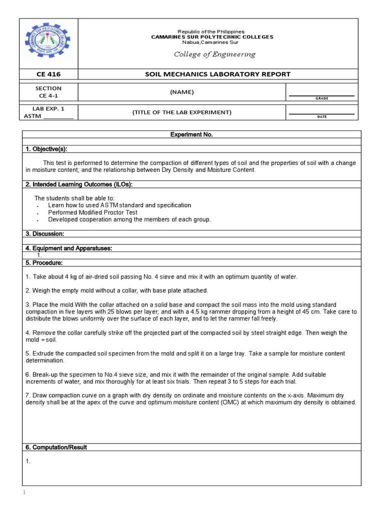 LABORATORY REPORT TEMPLATE Modified Proctor Test | PDF | Earth Sciences