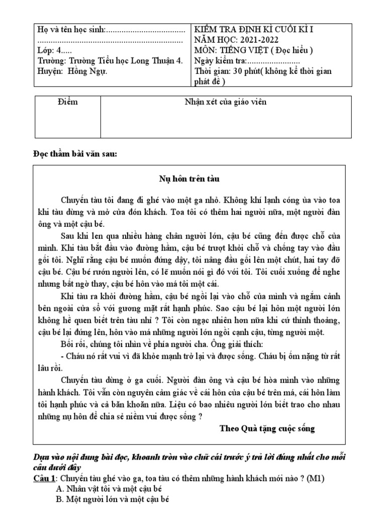 ĐỀ THI HKI-TV (Đọc hiểu) 4 (2021-2022) . | PDF