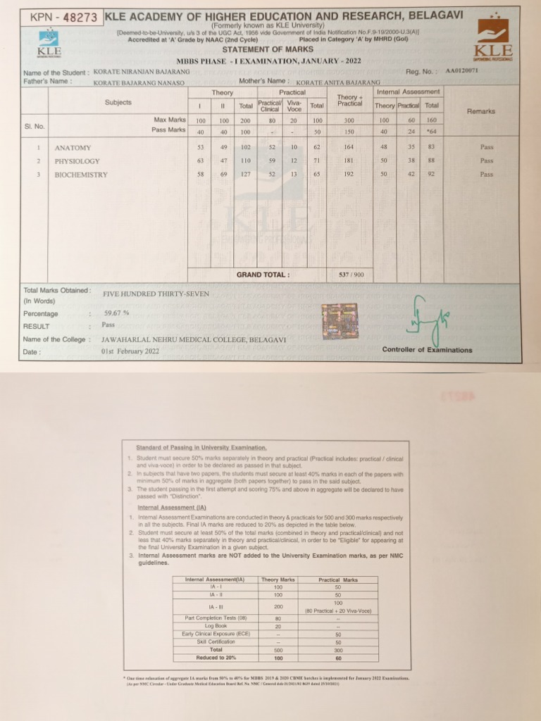 MBBS 1st Year Mark Sheet | PDF | Vocational Education | Qualifications