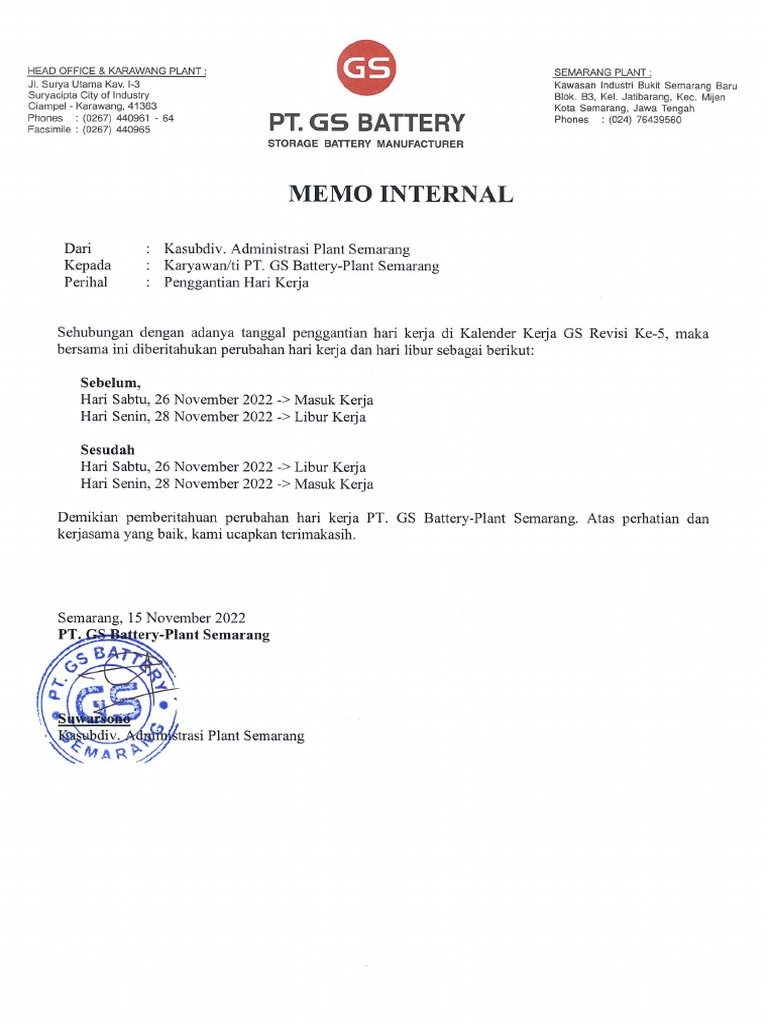 Memo Internal - Hari Penggantian November | PDF