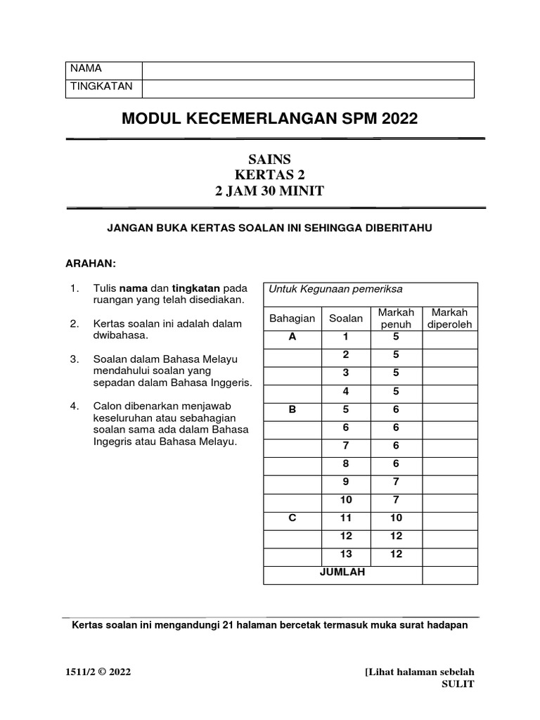(Sains) K2 Johor (B. Pahat) Trial 2022 | PDF