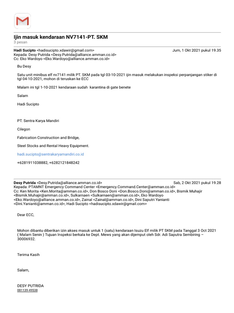 Gmail - Ijin Masuk Kendaraan NV7141-PT. SKM | PDF | Cybercrime ...