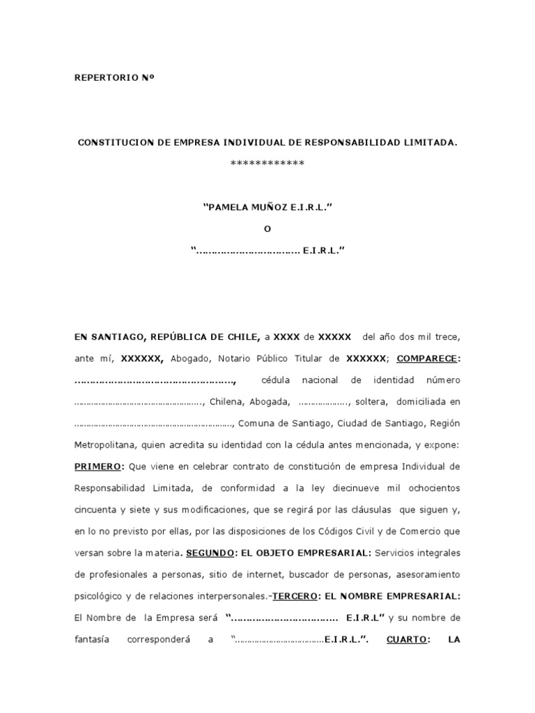 S4 Modelo de Escritura de Constitución de Empresa Individual de Responsabilidad Limitada | PDF ...