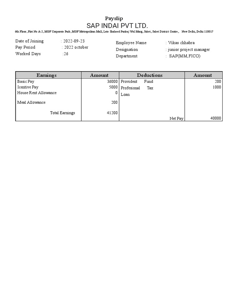October Salary Payslip for Vikas Chhabra | PDF