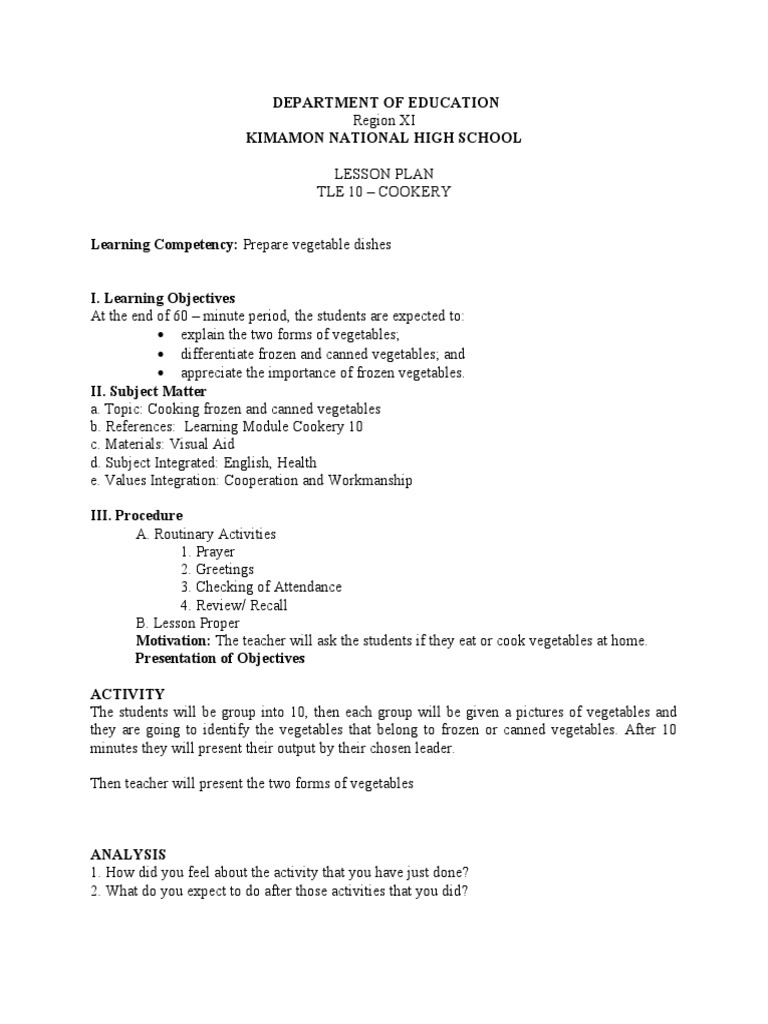 Lesson Plan For COOKERY 10 | PDF | Lesson Plan | Cooking