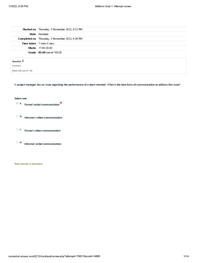 Midterm Quiz 1 Attempt Review | Download Free PDF | Communication | Project Management