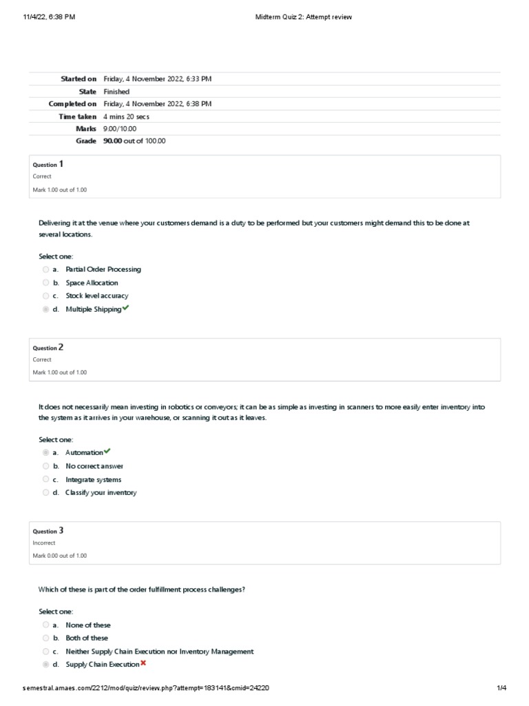 Midterm Quiz 2: Attempt review - Insights into key order fulfillment concepts from a 90% scored ...