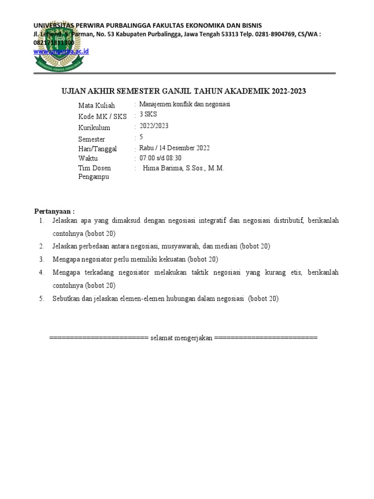 TEMPLATE SOAL UAS 20212022 Manajemen Konflik Dan Negosiasi | PDF ...