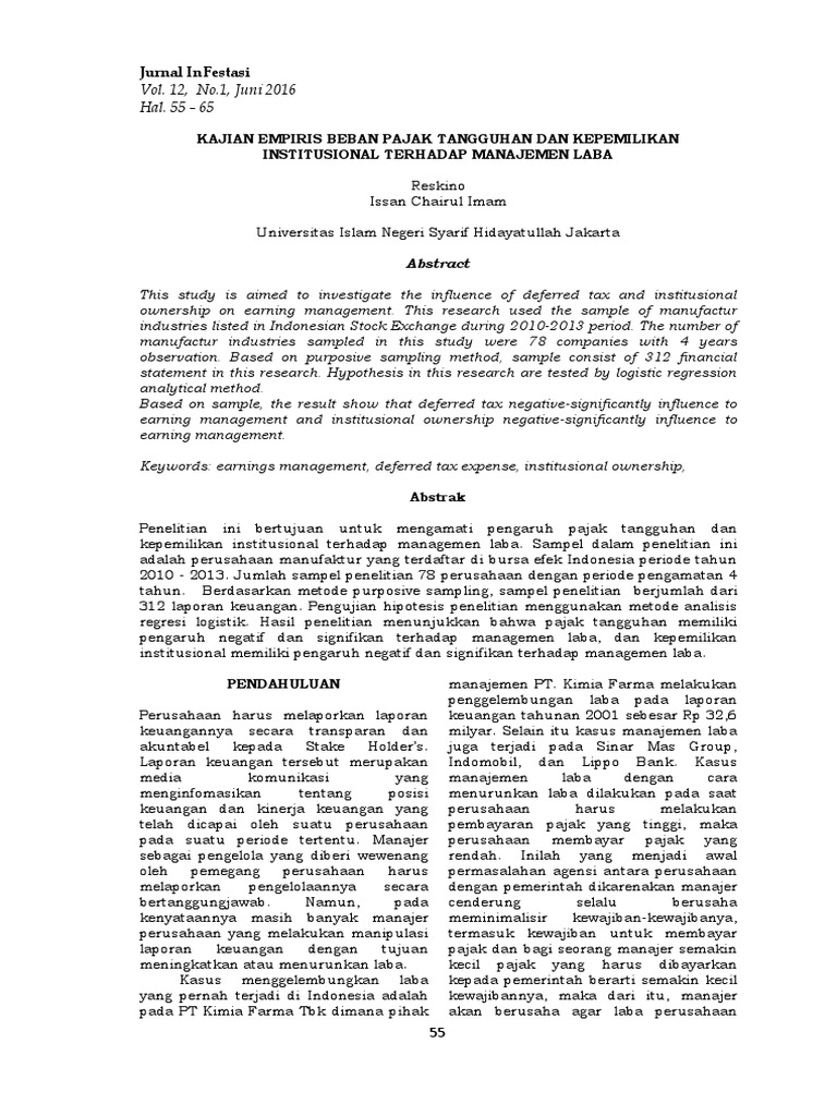 Kajian Empiris Beban Pajak Tangguhan Dan Kepemilikan Institusional Terhadap Manajemen Laba | PDF