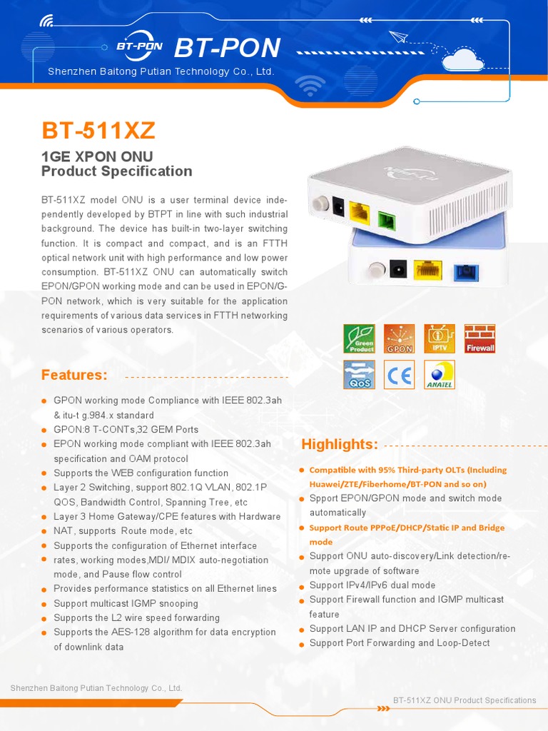 BT-PON BT-511XZ XPON ONU ONT Datasheet | Download Free PDF | Network ...