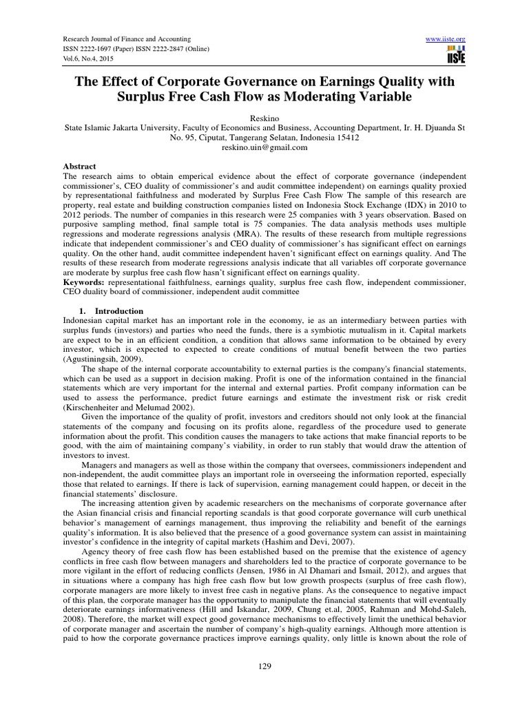 The Effect of Corporate Governance On Earnings Quality With Surplus Free Cash Flow As Moderating ...