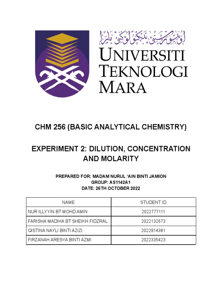 CHM 256 EXPERIMENT 2 | PDF | Mole (Unit) | Molar Concentration