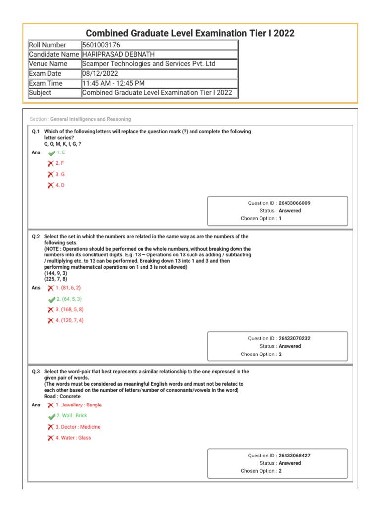 Combined Graduate Level Examination Tier I 2022: Section: General Intelligence and Reasoning ...