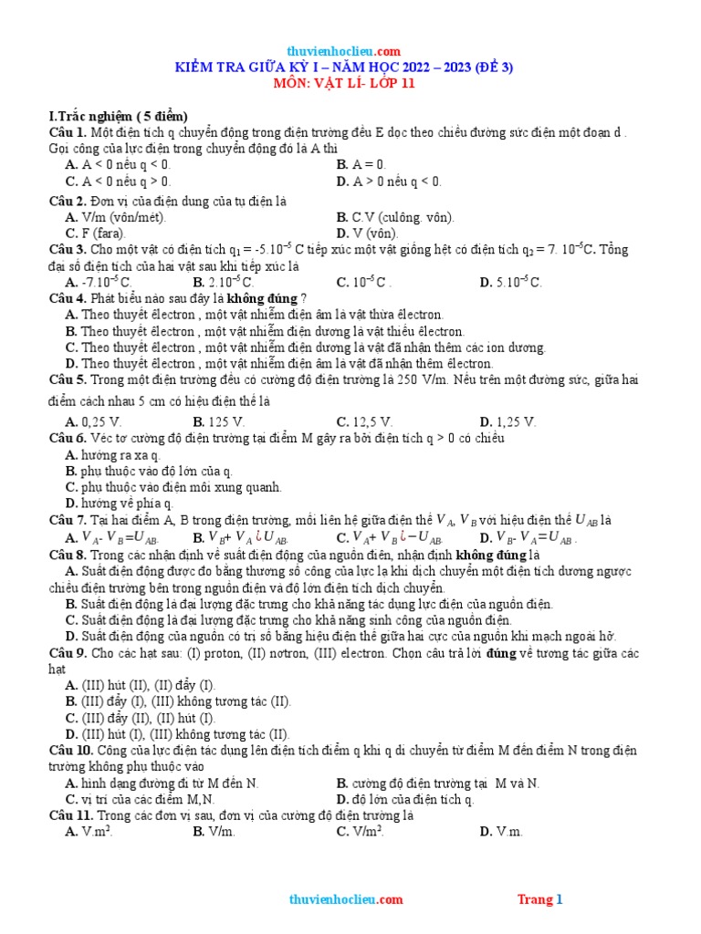 De Thi Giua HK1 Mon Ly 11 Nam 22 23 de 3 | PDF
