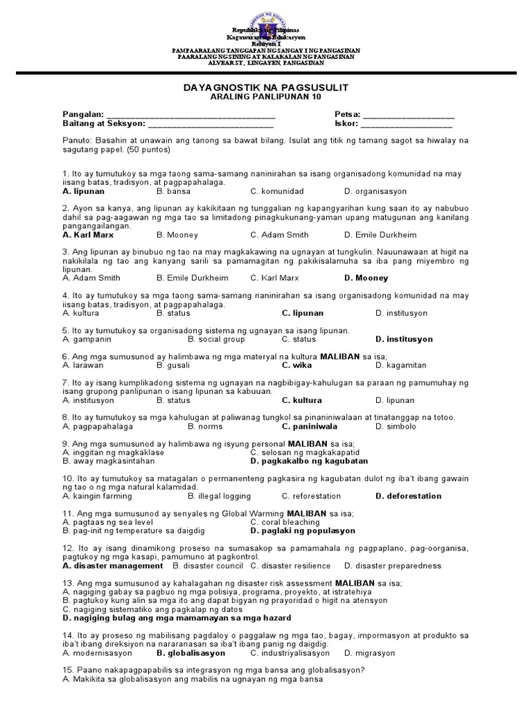 Dayagnostik Na Pagsusulit Sa AP 10 Key Answer | PDF