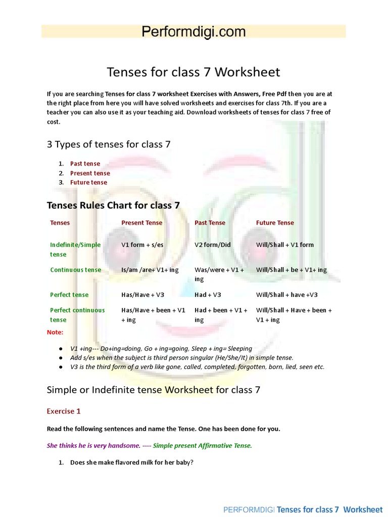 Tenses For Class 7 Worksheet PDF | PDF | Grammatical Tense | Subject ...
