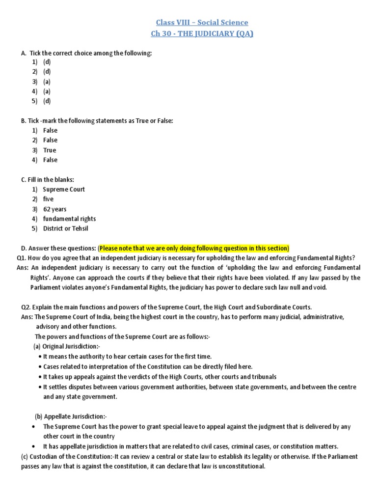 Class VIII SST CH 30 The Judiciary (QA) | PDF