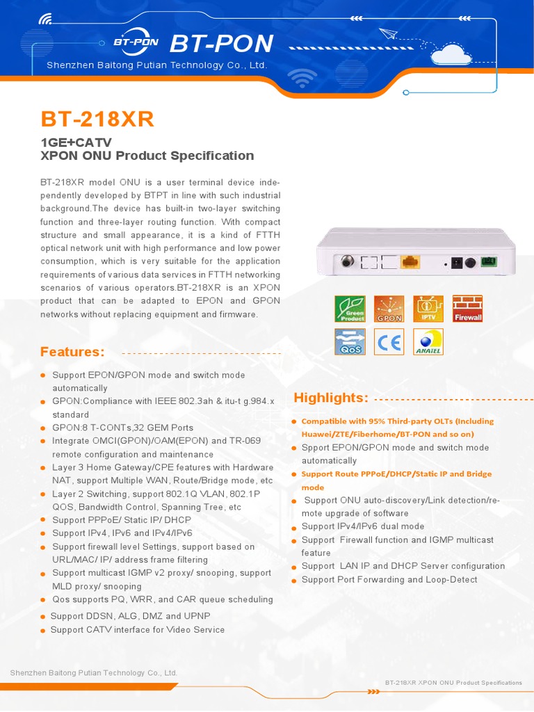BT-218XR XPON ONU ONT Datasheet | PDF | Ip Address | Network Switch