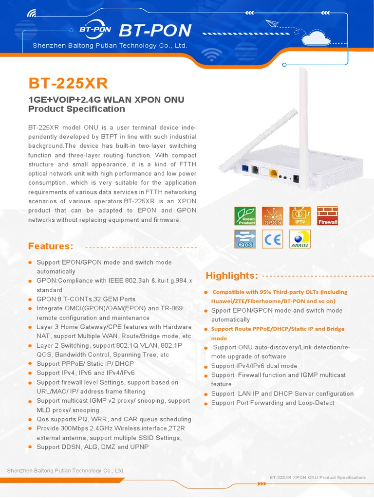 BT-PON BT-225XR XPON ONU ONT Datasheet | Download Free PDF | Ip Address ...