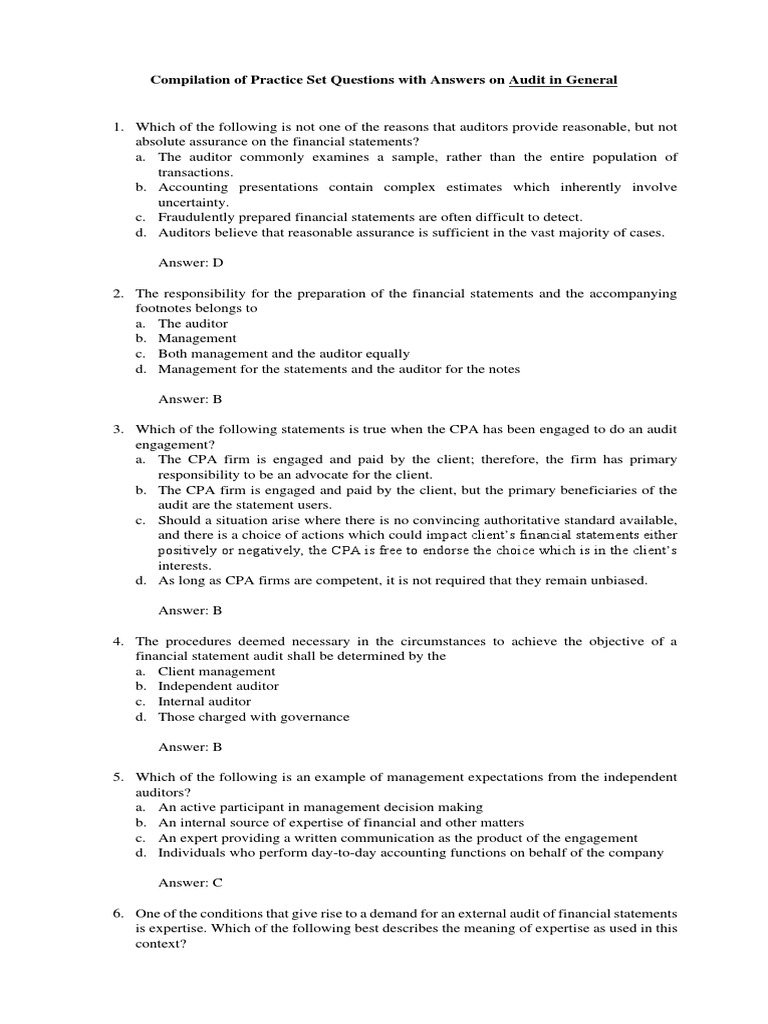 Salosagcol Compilation Of Practice Set Questions With Answers On Audit