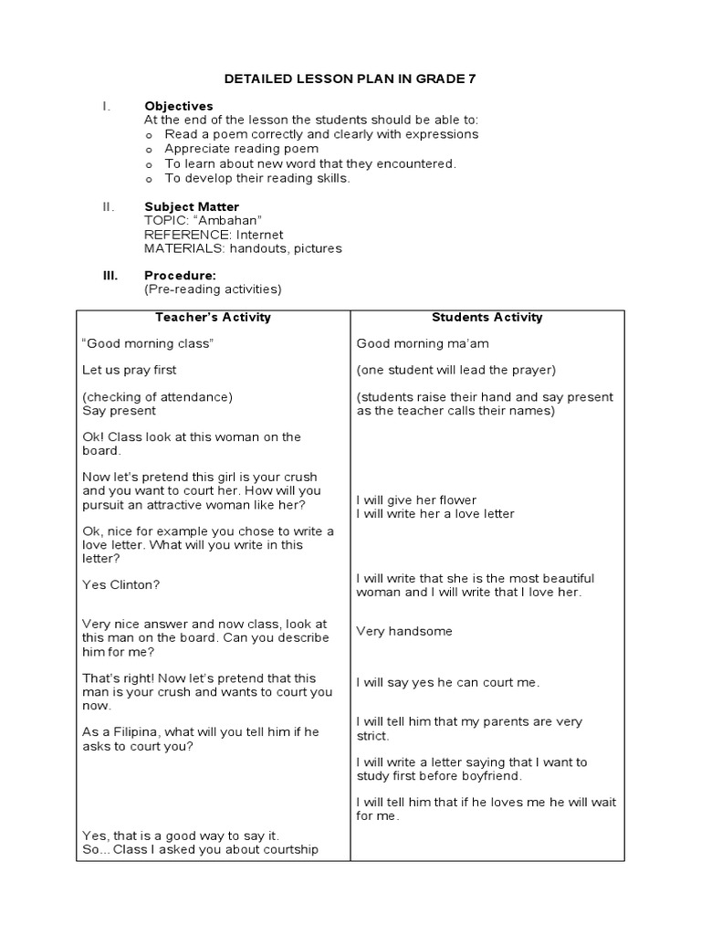 Detailed Lesson Plan in Grade 7 | PDF | Poetry | Lyric Poetry