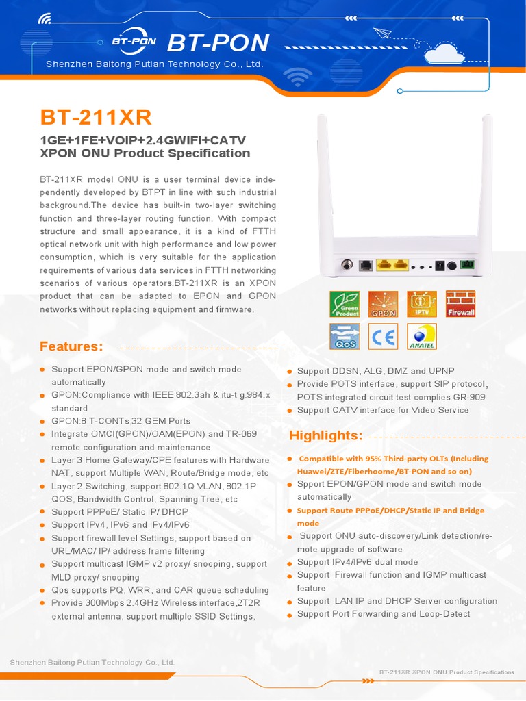 BT-PON BT-211XR XPON ONU ONT Datasheet | PDF | Network Switch | Wi Fi
