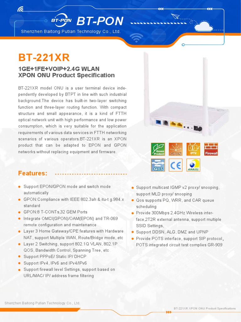 BT-PON BT-221XR XPON ONU ONT Datasheet | PDF | Network Switch | Computer Network