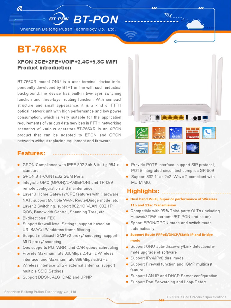 BT-766XR XPON ONU ONT Datasheet | PDF | Wi Fi | Network Switch