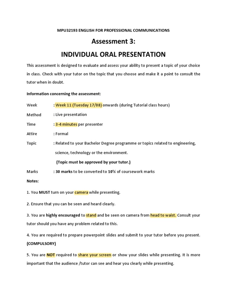 ASSESSMENT 3 - Individual Oral Presentation | PDF | Communication ...