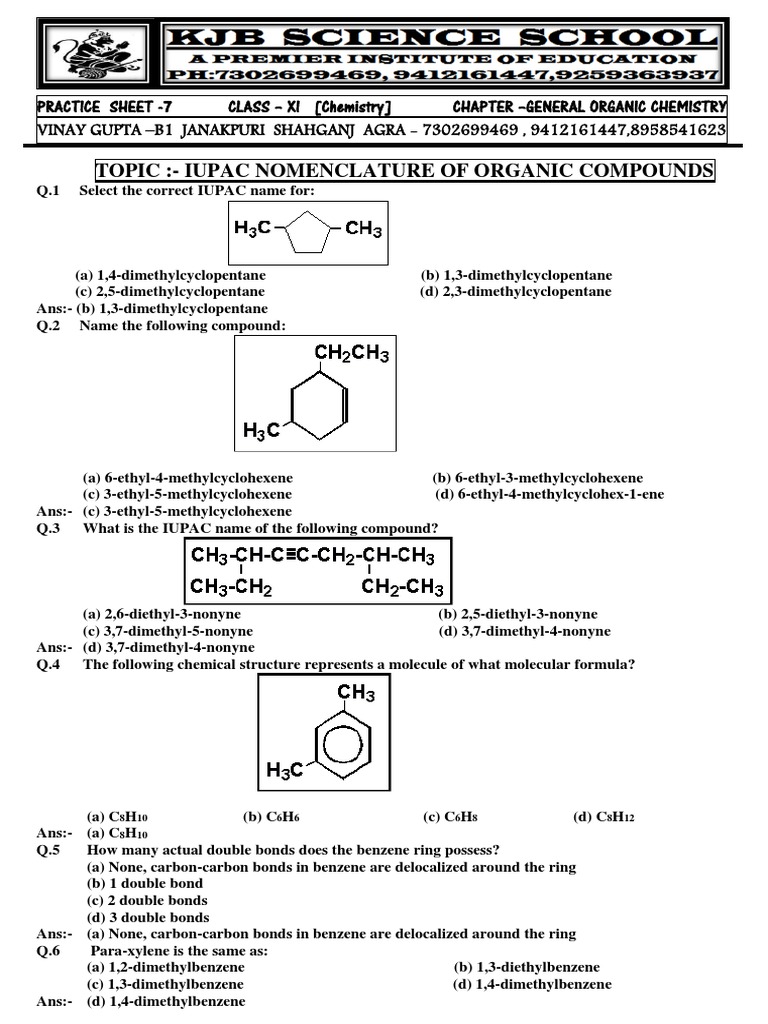 Class XI Organic Chemistry Quiz | PDF | Organic Chemistry | Chemistry