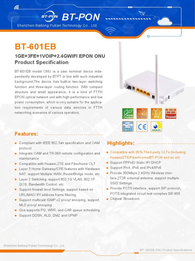BT-PON BT-601EB EPON ONU ONT Datasheet | PDF | Computer Network | Network Architecture