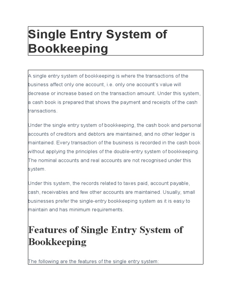 Single Entry System of Bookkeeping | PDF | Bookkeeping | Debits And Credits