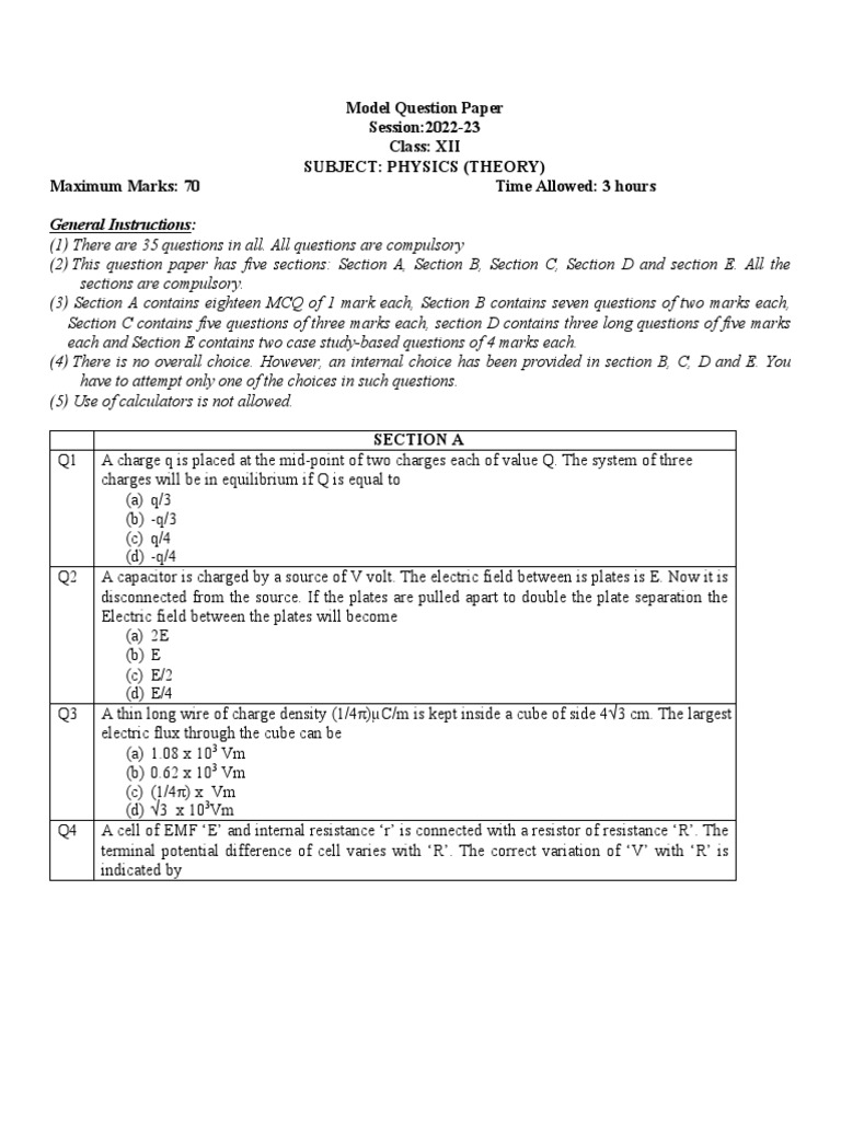 Model Question Paper - 12th Class | PDF | Capacitor | Capacitance